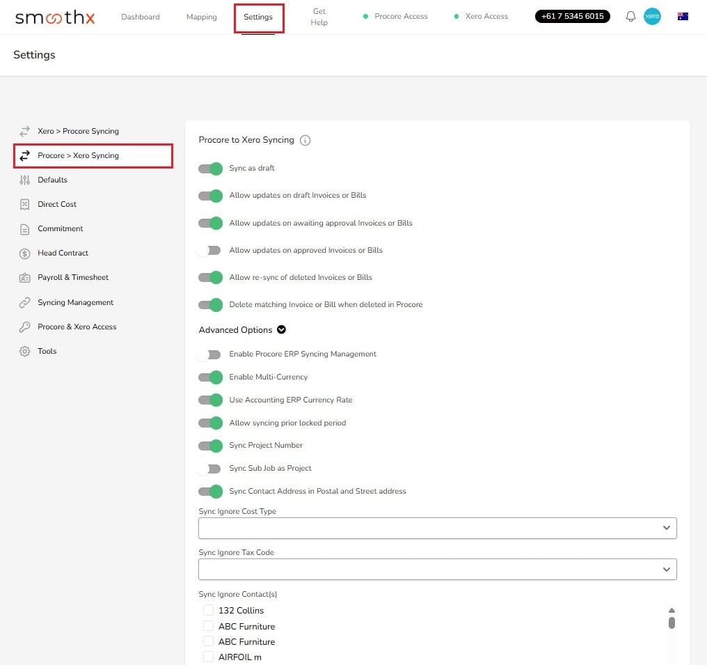 Settings - Procore > Xero Syncing